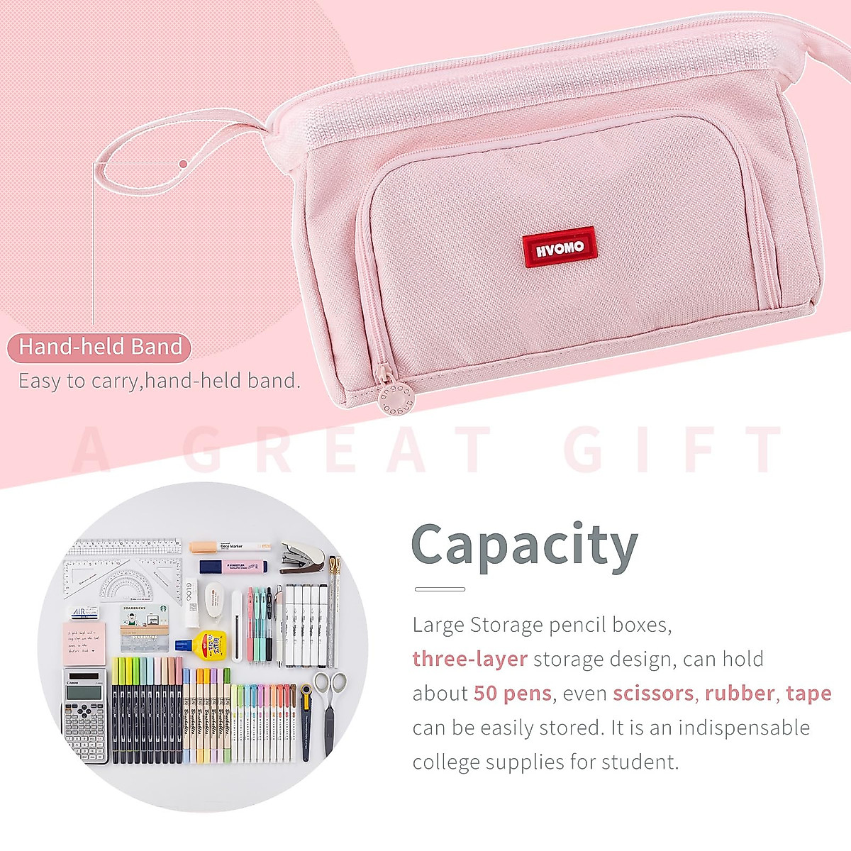 HVOMO Pencil Case Large Capacity Pencil Pouch Handheld Pen Bag Cosmetic Portable Gift for Office School Teen Girl Boy Men Women Adult (Pink)