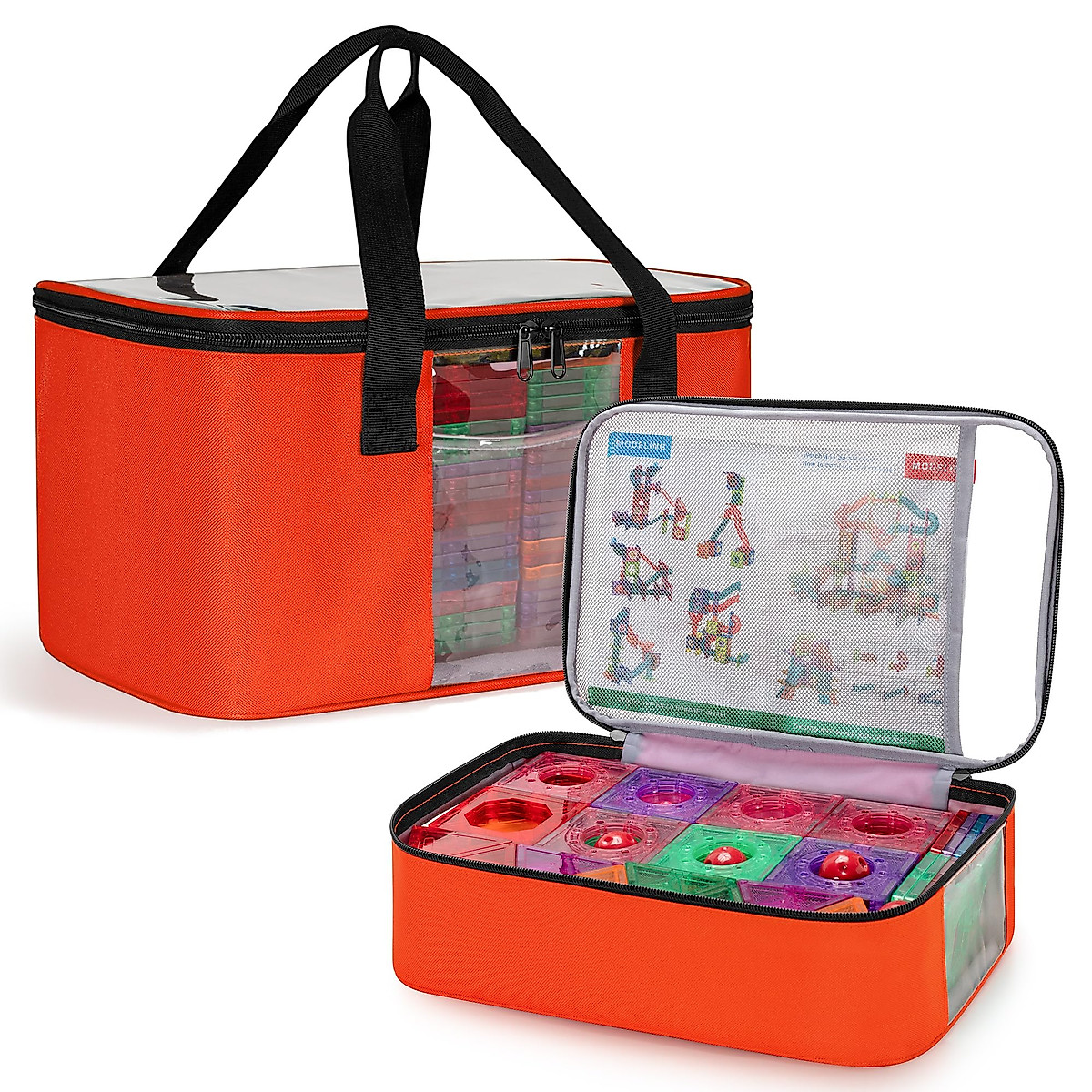 Rexmica 2pcs Magnetic Tiles Storage Organizer Bag, Magnet Building Tiles Travel Bag Case with Visible Top, Toy Storage Bag for Construction Building Toy, Magnet Toy, Interlocking Building Blocks