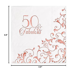 Crisky Rose Gold 50 Fabulous Cocktail Napkins for Women 50th Birthday Party Decorations, 3-Ply Disposable Beverage Dessert Napkins, 50 Counts