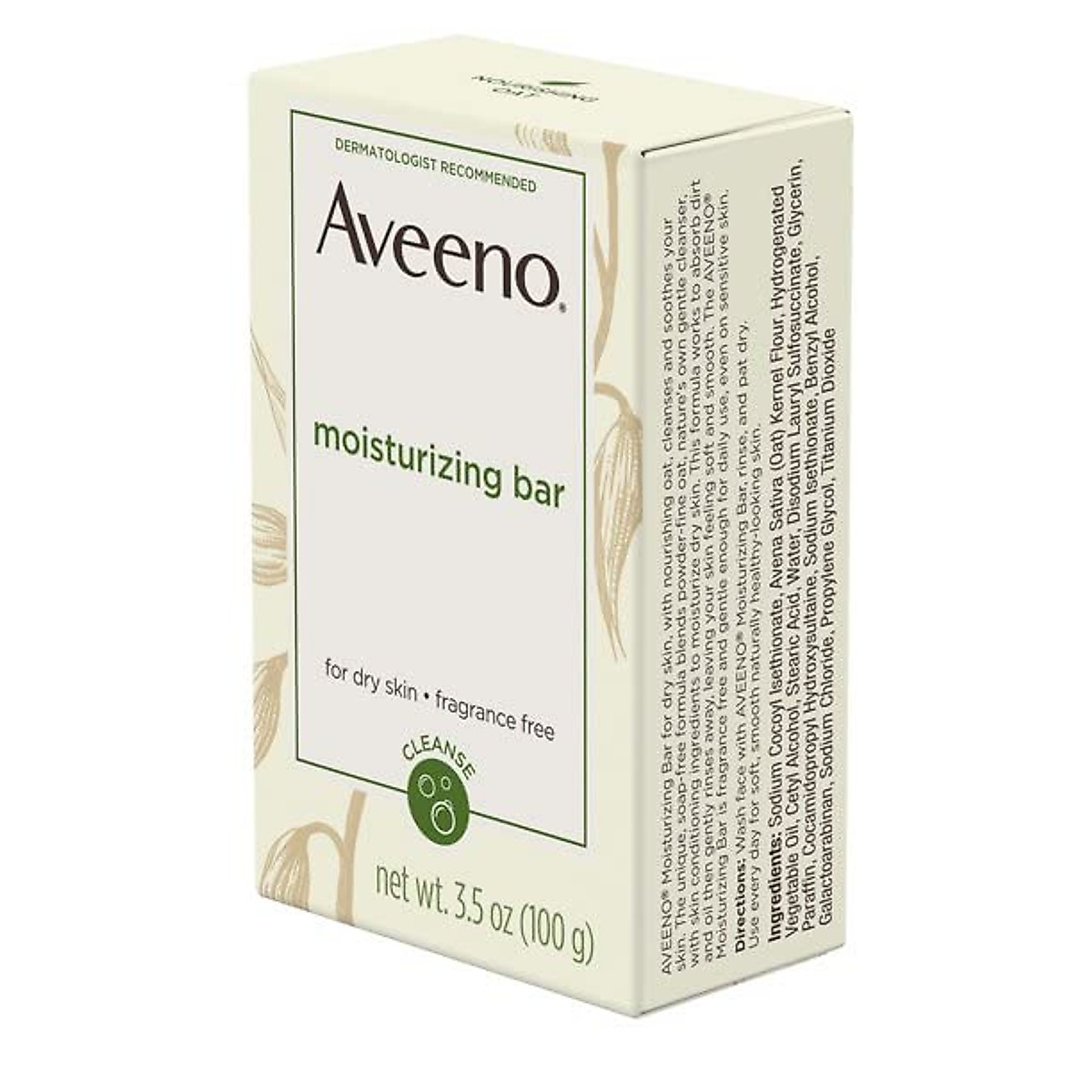 Aveeno Gentle Moisturizing Bar Facial Cleanser with Nourishing Oat for Dry Skin, Fragrance-free, Dye-Free, & Soap-Free, 3.5 oz (Pack of 2)
