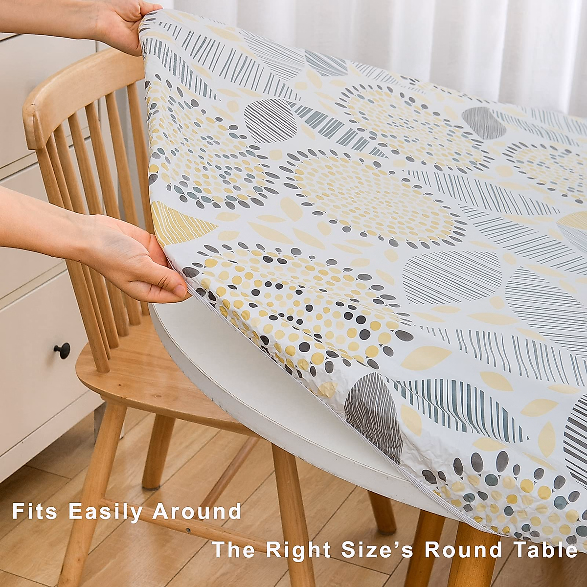 LIBERECOO Round Vinyl Fitted Tablecloth with Flannel Backing Elastic Edge Plastic Table Cover Waterproof Table Cloth Stain-Resistant Wipeable for 40"-44" Round Table