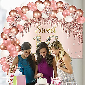 Rose Gold Sweet 16th Birthday Banner Backdrop with Confetti Balloon Garland Arch, Happy 16 Birthday Banner Balloon Set for Girls, Pink Sixteen Bday Poster Photo Booth Decor