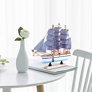 VOSAREA Wood Sailboat Model Blue Ship Figurine 3D Assembling Building Table Ornaments for Home Office Shelf Nautical Decoration Christmas Favors