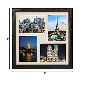 WOOD SIDE ORBIS Rustic Wooden Square Collage Photo Frame 12x12 – Display Four (4) 4x6 inch Pictures with Mat for Wall Hanging, Charcoal