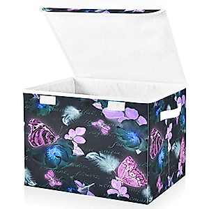 Butterfly Feather Storage Basket 16.5x12.6x11.8 In Collapsible Fabric Storage Cubes Organizer Large Storage Bin with Lids and Handles for Shelves Bedroom Closet Office