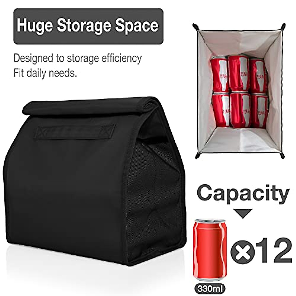 Reusable Lunch Sack Bag with Extra Storage Pockets, Knife, fork, spoon and Washable Napkin, Large Capacity Foldable Insulated Lunch Bag Tote for for Men, Women, Office, School,Picnic, Hiking (Black)