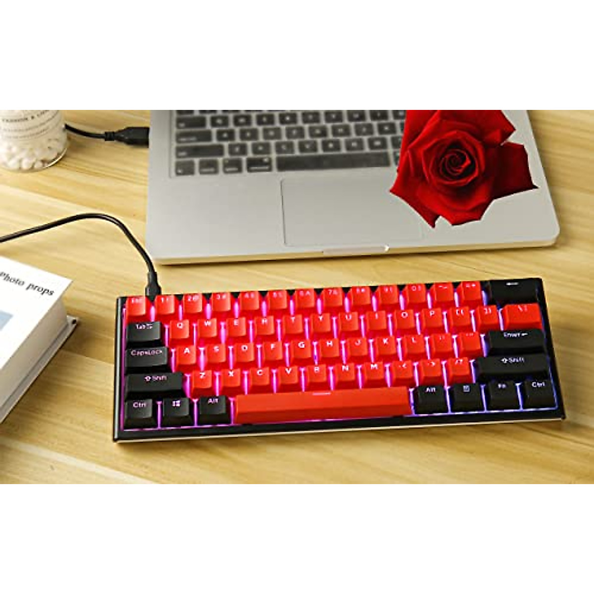 BOYI Wired 60% Mechanical Gaming Keyboard,Mini RGB Cherry MX Switch PBT Keycaps NKRO Programmable Type-C Keyboard for Gaming and Working (Black Red Rose Color,Cherry MX Blue Switch)