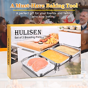 HULISEN Breading Trays Set of 3, Large Stainless Steel Breading Pans for Dredging Chicken Breasts and Marinating Meat, Interlocking Food Prep Trays for Coating Fish and Breadcrumb Dishes, Oven Safe