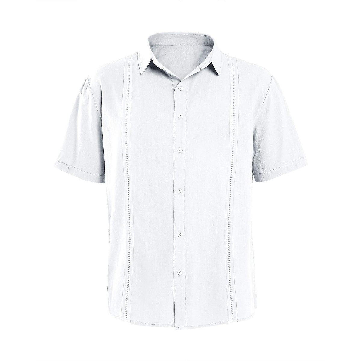 Hestenve Mens Short Sleeve Cuban Camp Guayabera Shirt Linen Cotton Hippie Beach Button Down Shirts White