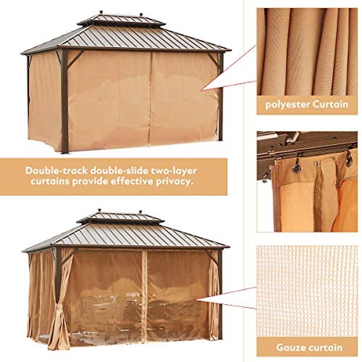 MELLCOM 10' X 13' Hardtop Gazebo, Galvanized Steel Vertical Stripe Double Roof Outdoor Gazebo, Aluminum Frame Metal Gazebo with Netting and Curtains for Patios, Gardens, Lawns