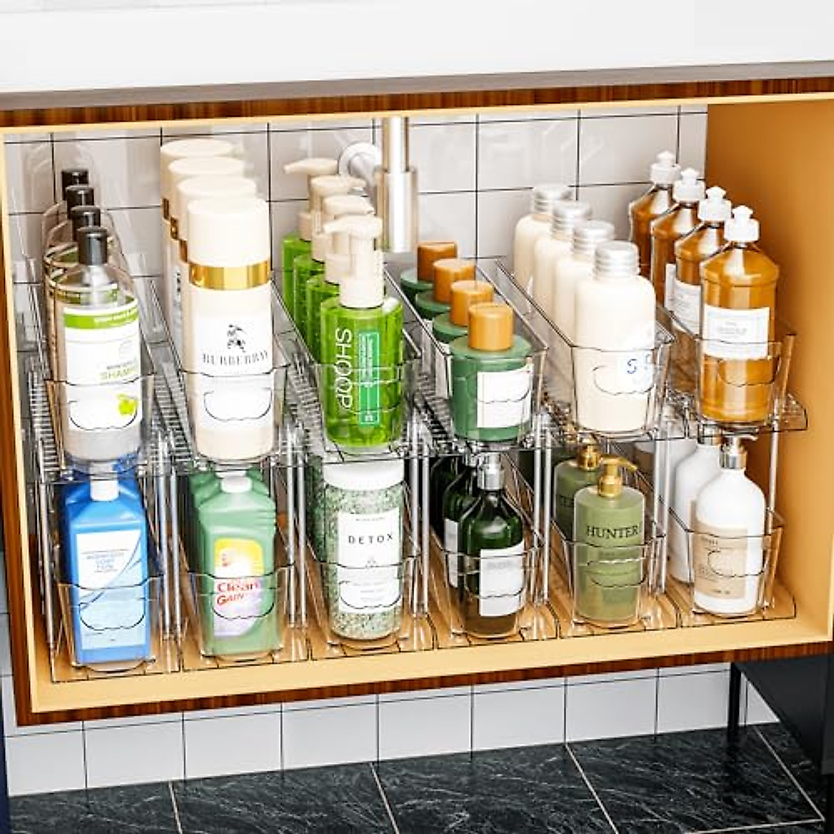 2 Set 2 Tier Bathroom Under Sink Organizers and Storage - 14.8"Deep x 5.1" Width - Suitable as Pantry Drawers Slide Out Shelves,Under Kitchen Sink Organizer,Narrow Pull Out Under Cabinet Organizer