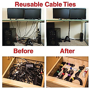 Cable Clips 3M Adhesive, Multipurpose Wire Clamps for Cable Management and Cable Runs - 50 Pack Black Bundled with 10 Reusable Cable Ties