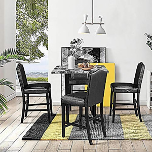 5-Piece Kitchen Table Set, Faux Marble Tabletop Counter Height Dining Table with Bottom Shelf and 4 Black Leather Upholstered Chairs, Black Chair+Gray Table