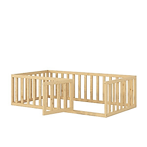 Bellemave Twin Floor Bed for Kids, Montessori Bed Frame with Fence-Shaped Guardrails and Door, Wooden Floor Twin Bed for Kids, Toddler, Boys Girls(Natural, Twin Size)