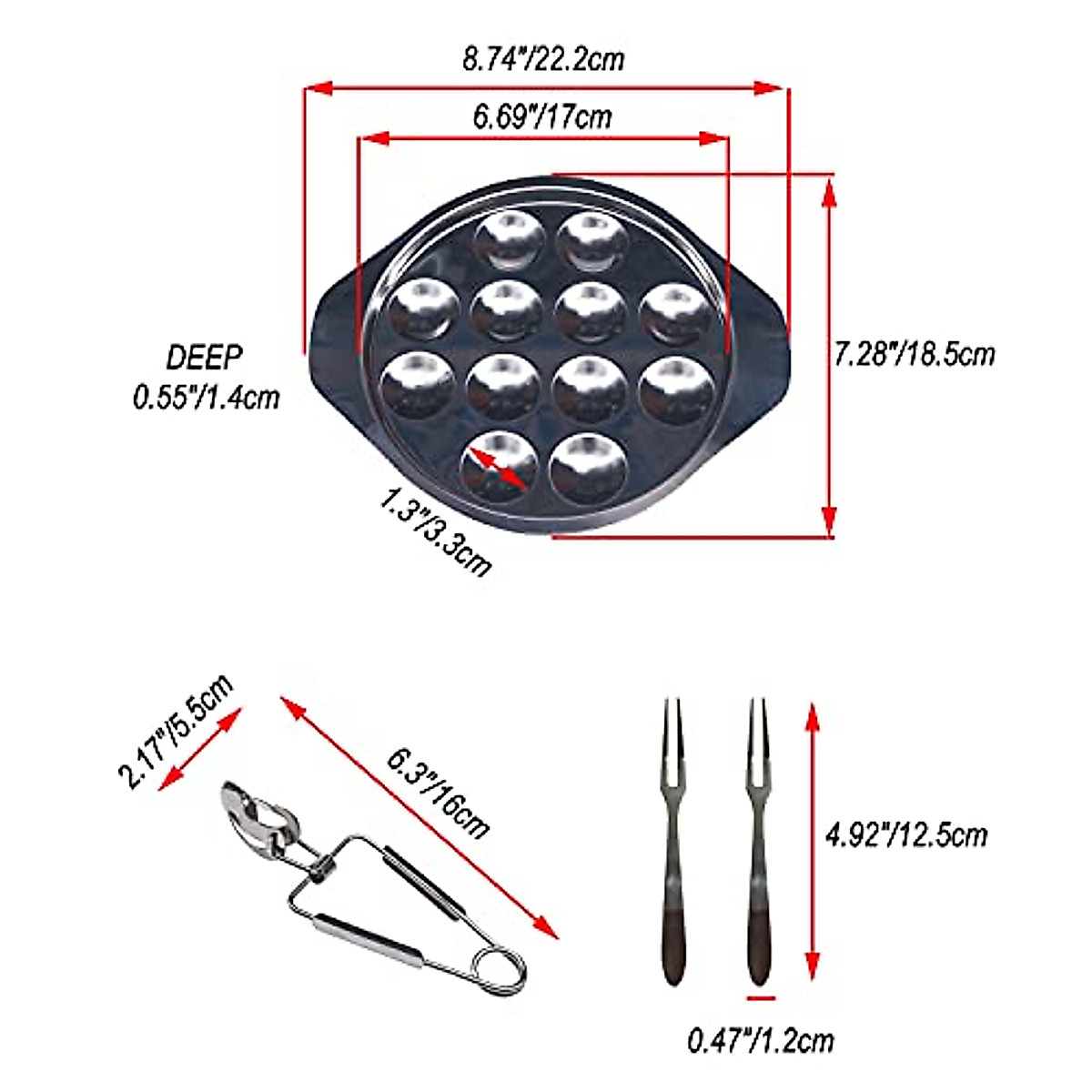 Proshopping 4 PCS Stainless Steel Snail Escargot Plate Set, Large Escargot Baking Dish Platter with Tong and 2 Forks, Round Mushroom Escargot Serving Tray, French Escargot Grill Pan, 12 Holes - (8.7")