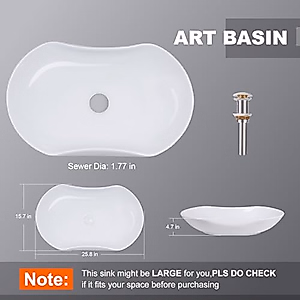 Tysun Oval Vessel Sink, 26'' x 16'' Modern Vessel Sinks for Bathrooms, White Porcelain Ceramic Oval Bathroom Sink Above Counter
