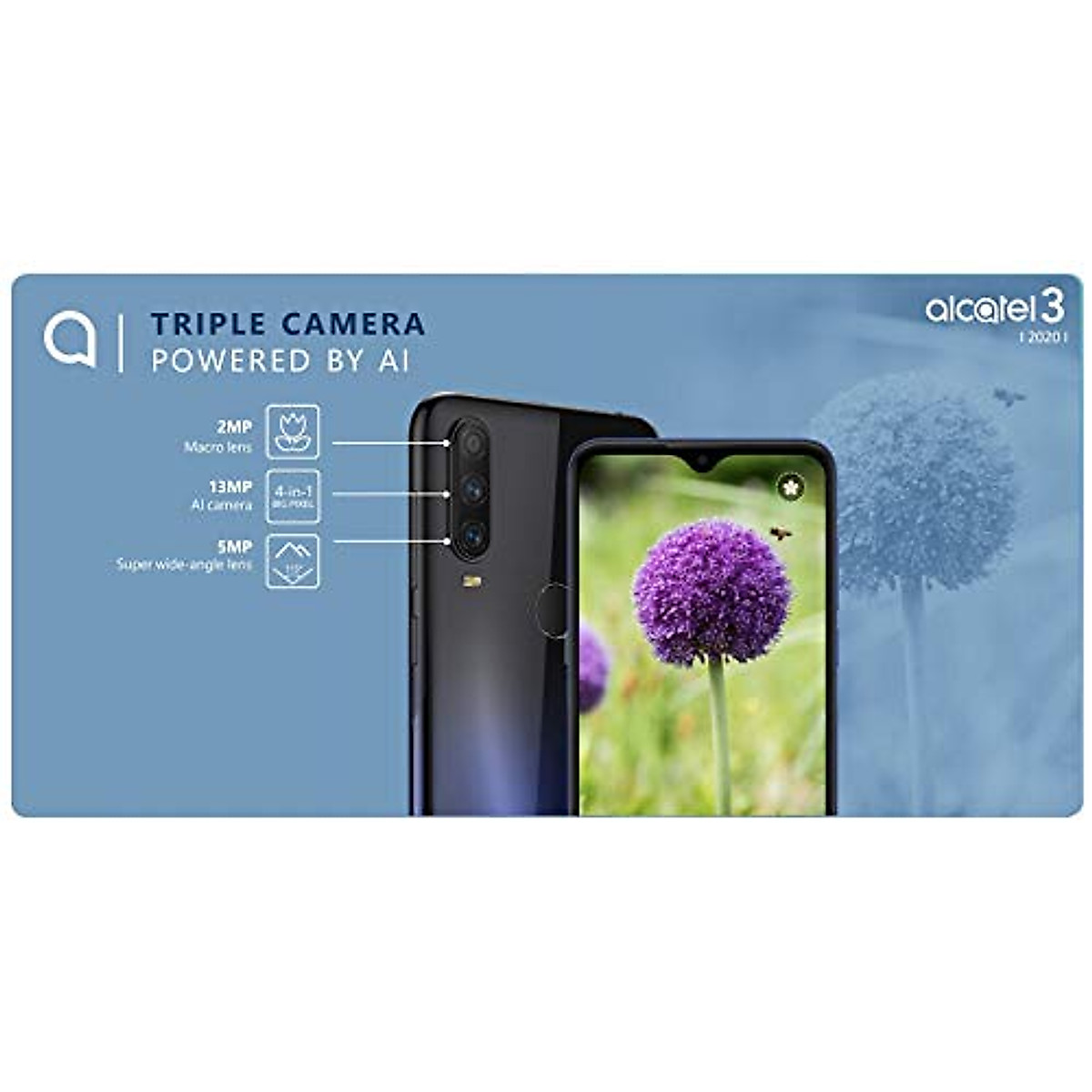 Alcatel 3 2020 (64GB, 4GB RAM) 6.22" HD+, 4000mAh Battery, Finger Print + Face Unlock, GSM Unlocked Global 4G LTE (T-Mobile, AT&T, Straight Talk) International Model 5029E (Chameleon Blue)