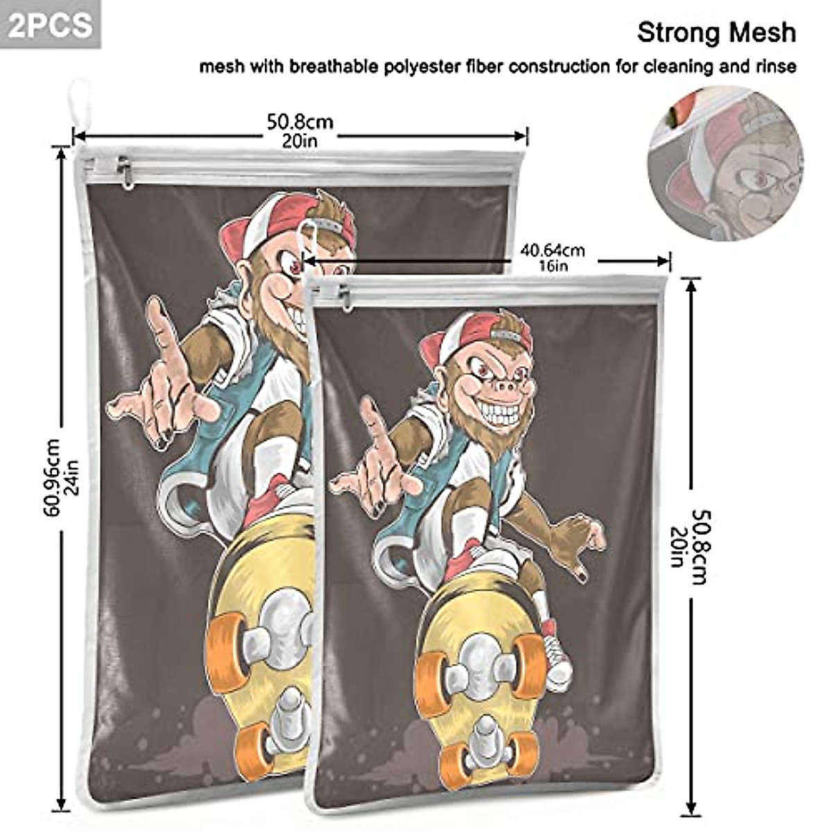 Skateboard Monkey Punk Laundry Mesh Bag Delicates Lingerie Laundry Wash Bag Heavy Duty with Zipper Laundry Net Bags for Packing Travelling Washing