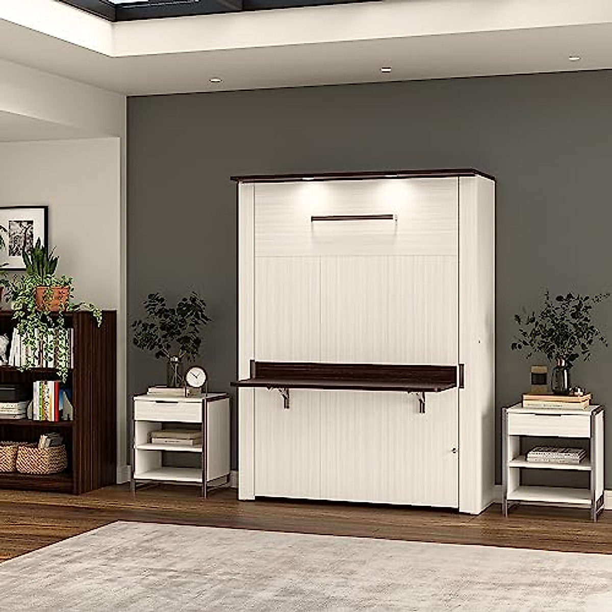 Bestar Lumina Full Murphy Bed with Desk, Sleeping Arrangement for Guest Room and Home Office, White Chocolate