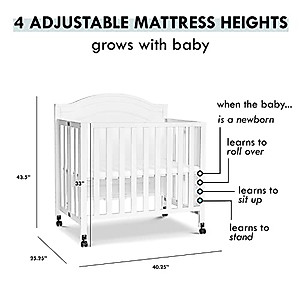 DaVinci Charlie Folding Portable 3-in-1 Convertible Mini Crib and Twin Bed in White, Removable Wheels, Greenguard Gold Certified