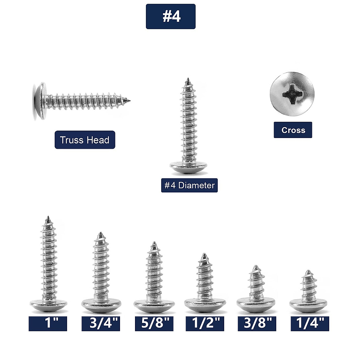 #4 x 1/4" Wood Screw 100Pcs Truss Head Phillips 18-8 (304) Stainless Steel Fast Self Tapping Screws by SG TZH