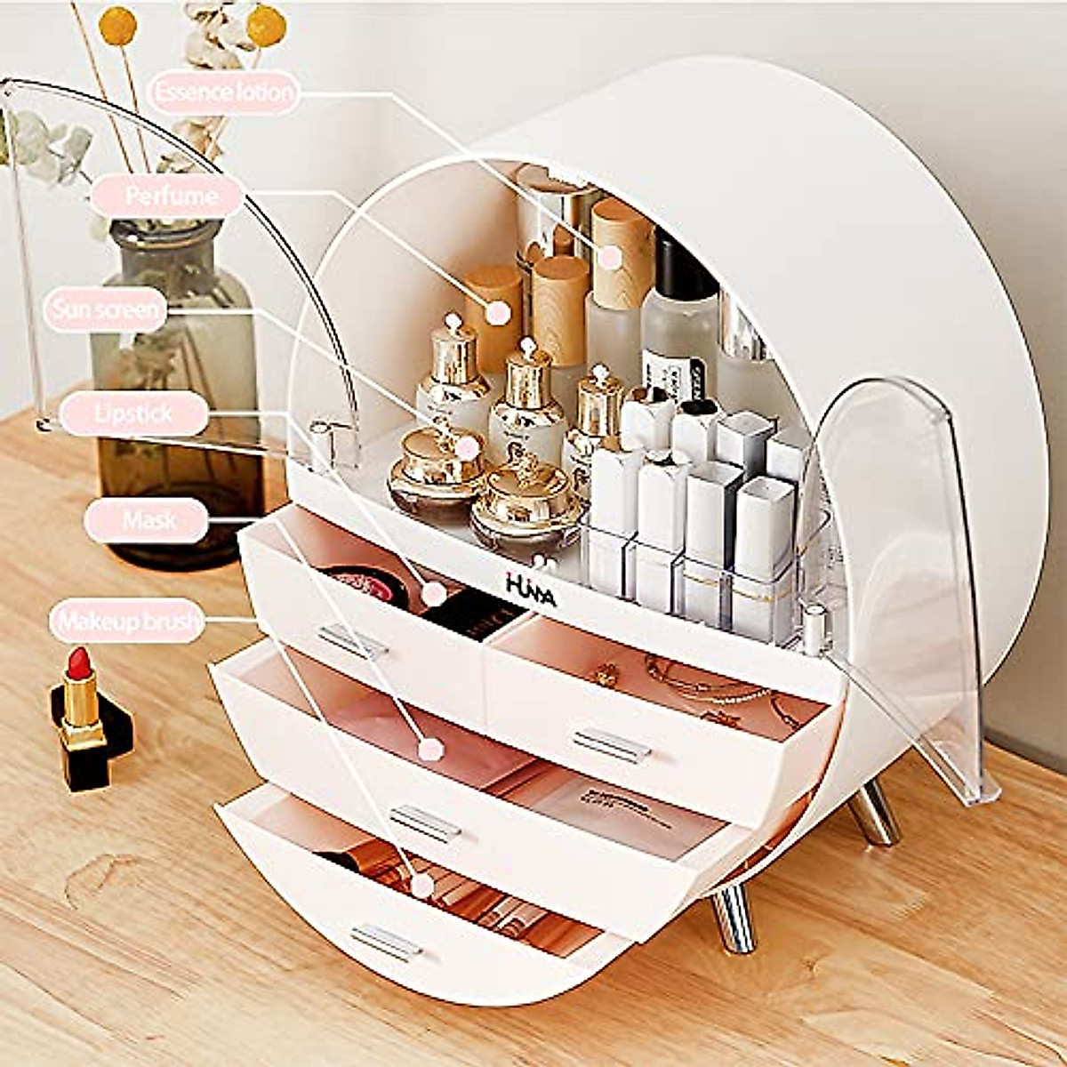 Ihuiniya Makeup Storage Organizer Box，Cosmetics storage display rack with drawer，Waterproof, dustproof, elegant display cabinet，Suitable for bathroom countertop, bedroom dresser (Large Pink)