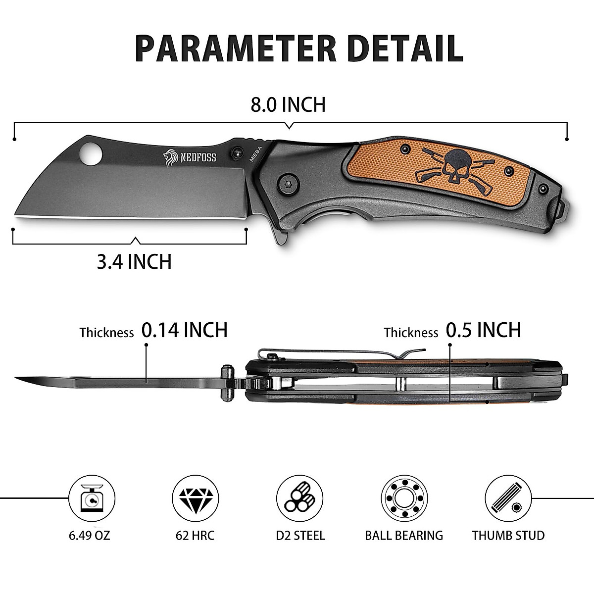 NedFoss Mieba Pocket Knife, 3.5" D2 Steel Pocket Knives & Folding Knives, Tactical Knife Folding Cleaver EDC Knife with Sheath, Pocketclip, Unique Skull G10 Handle Utility Knife