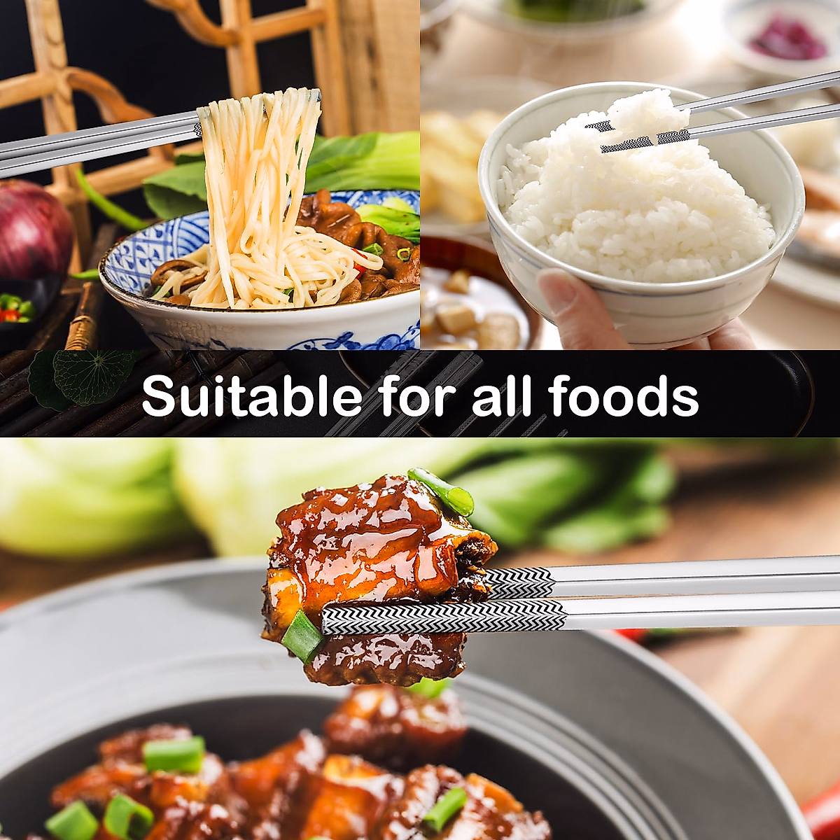 8 Pairs Metal Chopsticks and 8 Chopstick Holders Reusable 18/8 Stainless Steel Chopsticks Chopstick Rest Set Non-slip Japanese Korean Chinese Chopstick for Cooking Eating Dishwasher Safe 9.25"