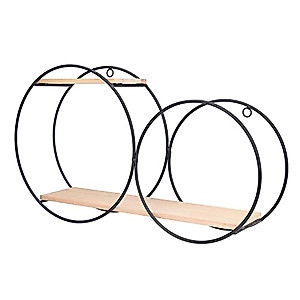 Fonzci 2 in 1 Round Wood Shelf, Unique Metal Geometric Wall Shelves Strong Load Bearing Capacity Black Round Floating Shelves, Hanging Storage Wall Decoration