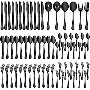 LIANYU 66-Piece Black Silverware Set with Serving Utensils, Stainless Steel Black Silverware Flatware Set for 8, Elegant Cutlery Tableware Includes Forks Spoons Knives, Dishwasher Safe