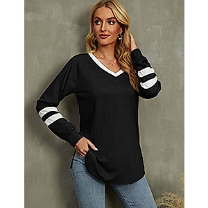Tunic Tops for Leggings for Women V Neck Long Sleeve Fall Shirts Loose Fit Casual Tops B-black