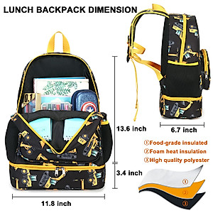 LEDAOU Kids School Backpack with Lunch Cooler Compartment 2 in 1 Boys Girls Bookbag and Insulated Lunch Bag for Preschool Kindergarten Elementary (Construction Vehicle)