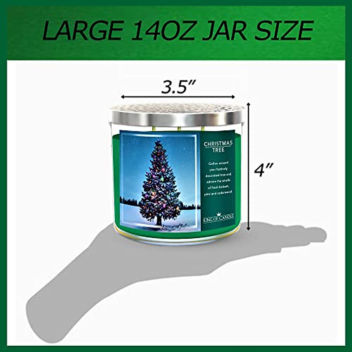 King of Candle - Christmas Tree | Large 3 Wick Strong Scented Christmas Candles Gifts for Women | Balsam Pine Evergreen Fir Fragrance| USA Made Long Lasting 14 oz Soy Wax + Decorative Lid