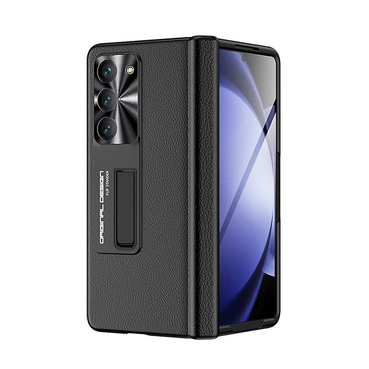 ioiFour Case for Samsung Galaxy Z Fold 5 with Kickstand and Hinge Protection, Built-in Front Screen Protector, Artificial Leather Elegant Business Scratch-Resistant Hard Case (Black PU)