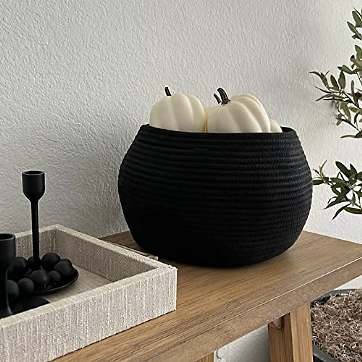 Goodpick Small Rope Storage Basket, Black Round Baskets for Socks, Dog Toys, Towels, Cute Baby Basket for Living Room, Bedroom, Nursery, Towel Baskets for Bathroom, 10 x 8.3 inches