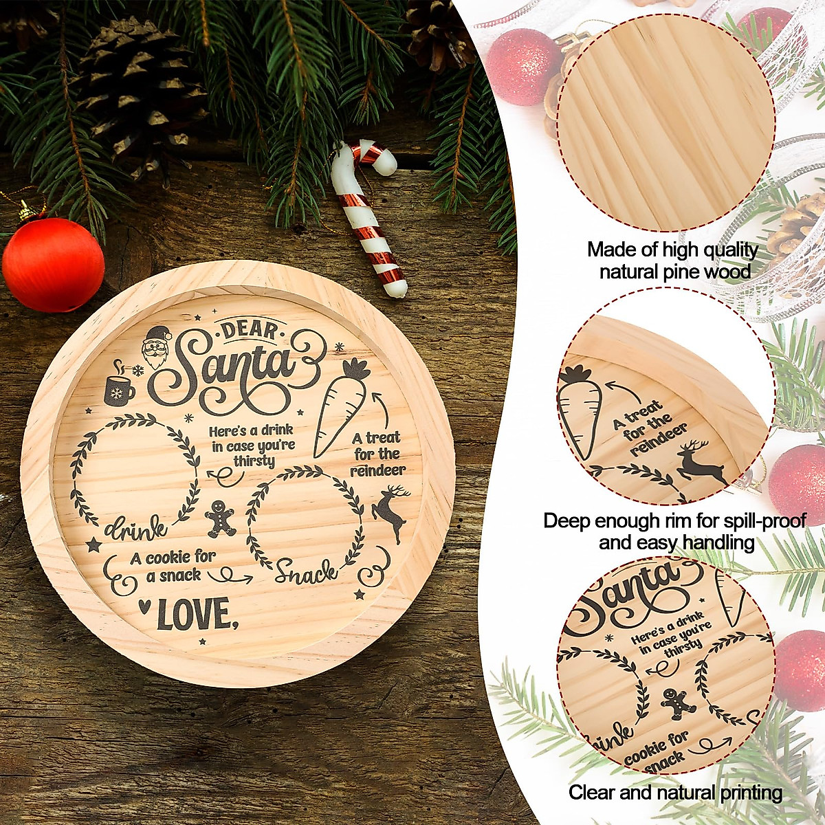 Sliner Christmas Wooden Santa Cookie Plates Round Treat Plates Serving Trays 11.81" Milk Snacks Cookie Plates for Gift Giving Cute Xmas Platters Decorative Santa Treat Board for Holiday Supply