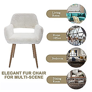 Goujxcy Elegant White Flurry Desk Chair for Girls Women, Modern Faux Fur Vanity Chair Makeup Chair with Armrest, Comfy Fuzzy Home Office Desk Chair with Meta Leg for Living Room,Bedroom