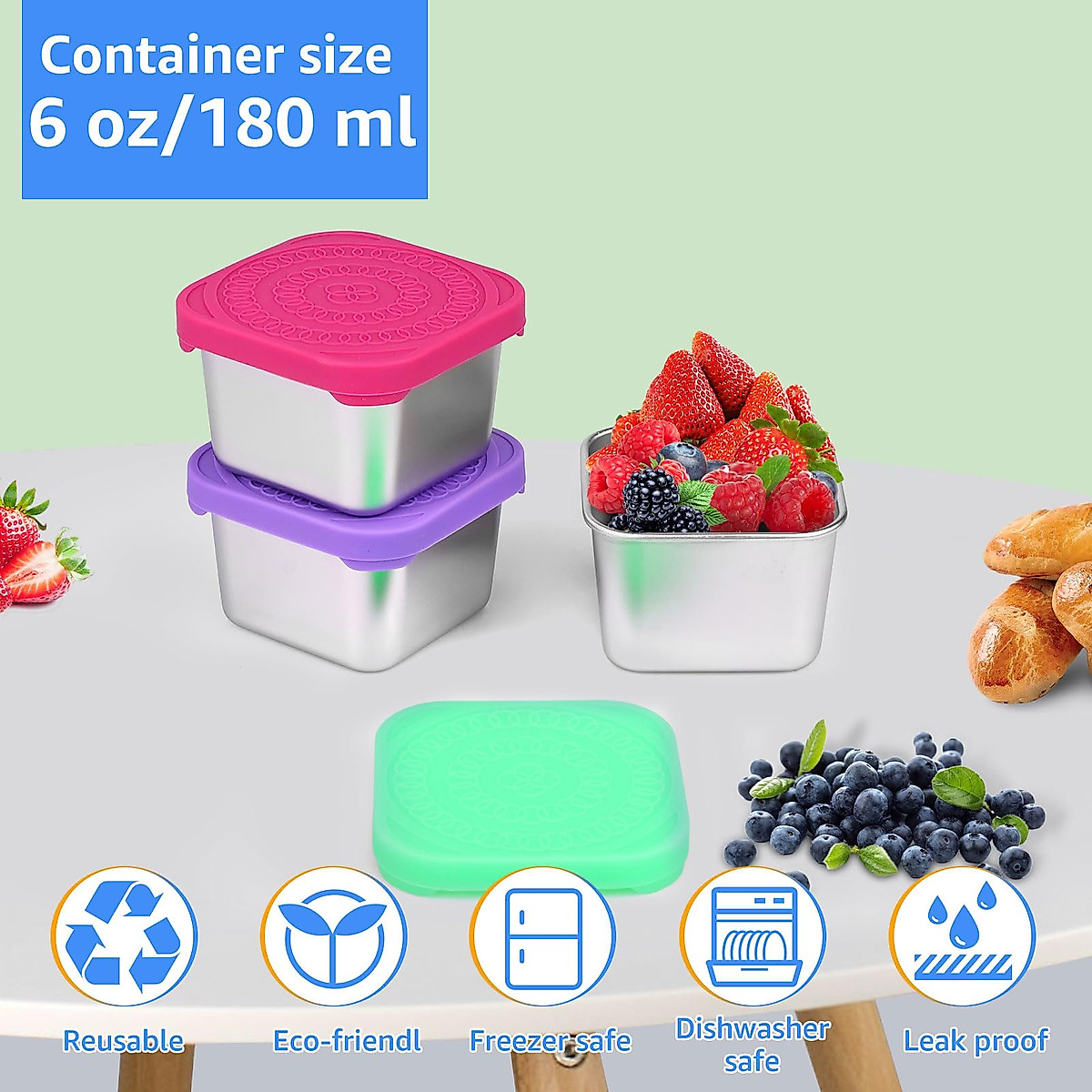 3Pack Stainless Steel Snack Containers 6oz Snack Box Container Leakproof Stainless Steel Snack Cups with Silicone Lids Portable Snack Containers Stackable Freezer Dishwasher Safe for Daycare School