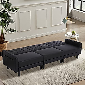 VUYUYU 107/'' Futon Sofa Couch Bed, Faux Leather 3-Seater Couches for Living Room, Mid-Century Modern Tufted Convertible Recliner Sleeper Small Space with Armrest/Side Pockets, Black-3 Seater