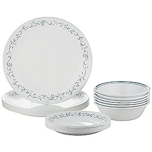 Corelle 18-Piece Vitrelle Glass Country Cottage Chip and Break Resistant Dinner Set, Service for 6, Green/Blue
