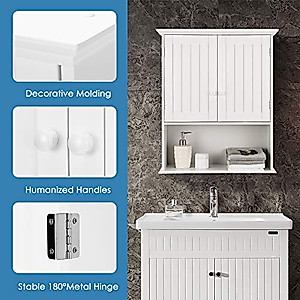 GOFLAME Bathroom Wall Cabinet, 2-Door Toilet Cabinet with Hanging Design, Wooden Medicine Cabinet with Height Adjustable Shelf, Wall Mount Cabinet with Large Storage Space (White)