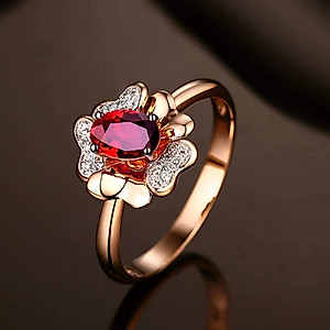 KnBoB Women Flowers Oval Shape 0.6ct Ruby Ring 18K Rose Gold Promise Wedding Engagement Bridal Anniversary Ring Size 7