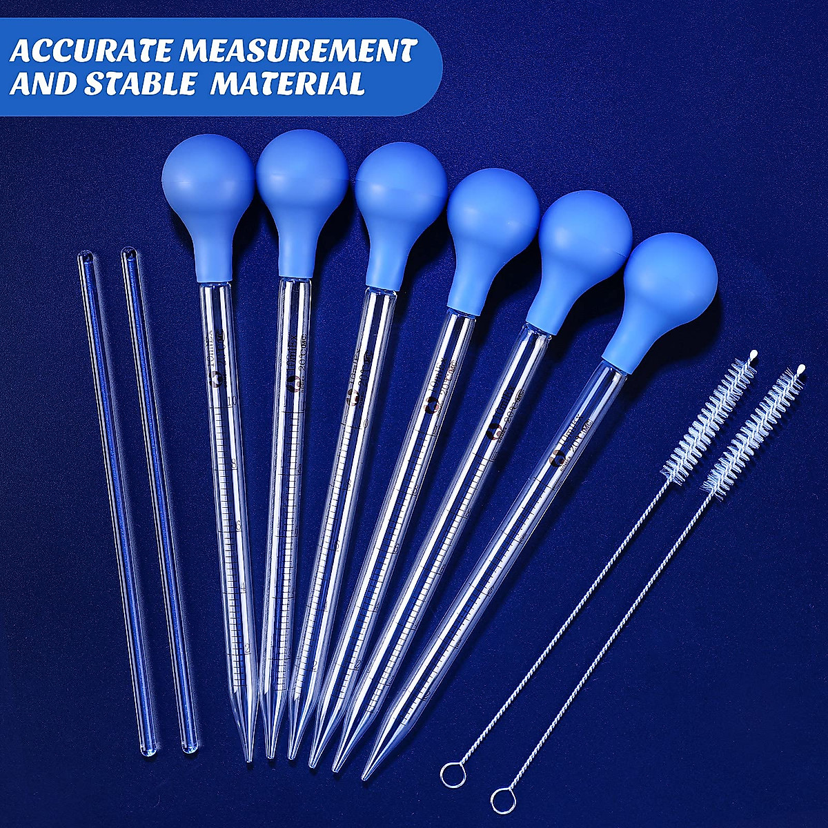 Weewooday Glass Droppers Pipettes Graduated Lab Dropper Glass Liquid Pipette with Big Rubber Hats 20 cm Stir Rod Washing Brush Transfer for Liquid Essential Oil(16 Pieces,Blue,10 ml)