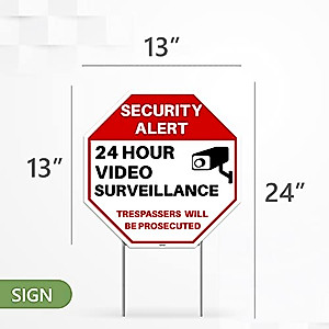 2PC 24 Hour Video Surveillance Sign with Stakes, 13"x13" - Corrugated Plastic - No Trespassing Signs for Home Outdoor Yard - Private Property Security Camera Alert Warning