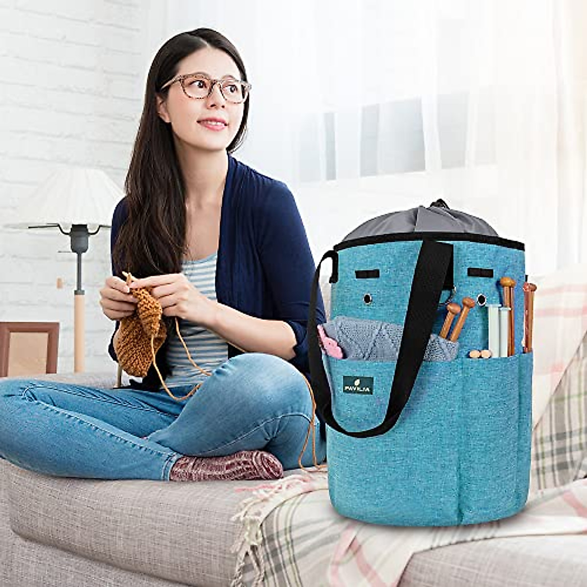 PAVILIA Knitting Bag Yarn Storage Tote - Crochet Organizer Bag, Yarn Storage Holder for Knitting Accessories, Yarn Skiens, Needles, Hooks, Unfinished Project, with Grommets (Turquoise Blue)