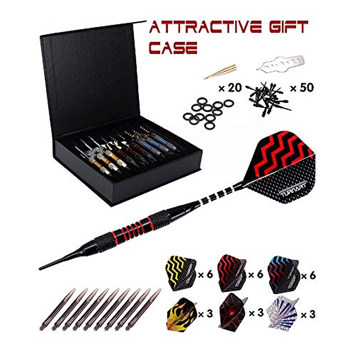 Turnart Darts Plastic Tip - Professional Soft Tip Darts Set for Electronic Dartboard 9 Pcs 18 Grams with 50 Extra Tips 9 Shafts 27 Flights Tool Kit Flight Protectors and Gift Darts Case (Color)