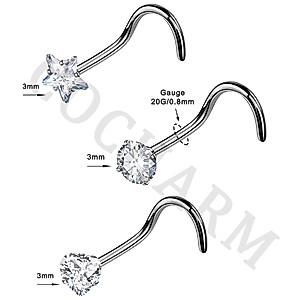 COCHARM 3pcs G23 Titanium 20g Nose Stud Pack Nose Piercing Stud Nose Rings for Women Surgical Steel Screw Nose Stud Star Heart Nose Stud Corkscrew Nose Jewelry Hypoallergenic