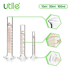 Utile Glass Graduated Cylinder Set, 3 Sizes Measuring Cylinders in 10ml 50ml 100ml, Borosilicate 3.3 Glass with Hexagonal Base, 3ml Transfer Pipettes and 1 Cleaning Brush Offered, 4099.0016.1.