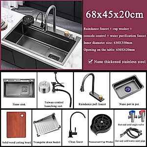 Ozetix Sink 304 Stainless Steel Nano Raindance Waterfall Sink Home Sink Vegetable Basin Single Sink Workstation Ozetix Sink With Pull-Out Faucet, Pressurized Cup Washer 68x45x20cm