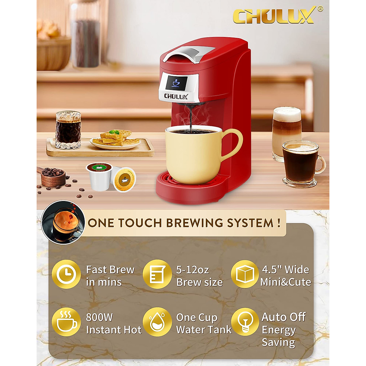 CHULUX Single Serve Coffee Maker, Red Single Cup Coffee Machine for K Cup & Ground Coffee, 5 to 12oz Brew Sizes in Mins for Home, Office, Travel, Kitchen